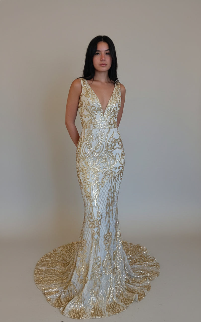Leah Trumpet Gown with Plunging Neckline | Luxury Evening Dress by Nadia's